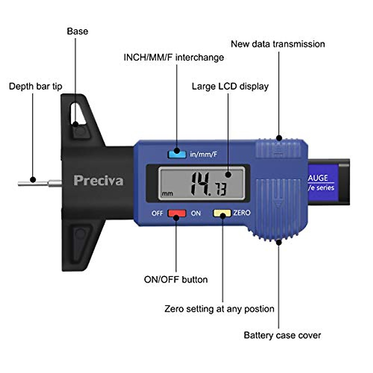 Preciva Tire Tread Depth Gauge, Digital Tire Gauge Meter Tester with Large LCD Screen of Fraction Inch/MM/Decimal Inch Conversion for Cars Trucks and SUV