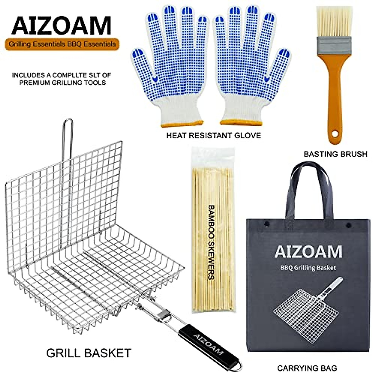 AIZOAM Grill Basket Stainless Steel BBQ Grilling Basket Large Folding Grill Basket with Removable Handle. Grill Basket for Fish,Vegetables Great Useful BBQ Accessories Grilling Gifts for Men Dad