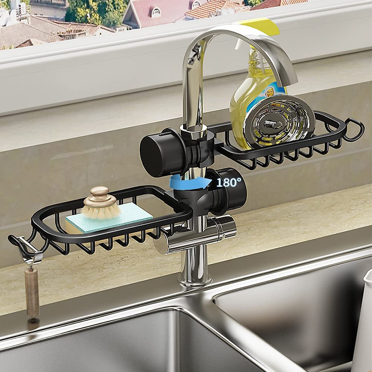 FWEHIO Faucet Sponge Holder with Hook Soap Dishcloth Hanger Brush Sink Caddy Drain Rack Space Aluminum Soap Sponge Brush Scrubber Sink Caddy Organizer (Double, Black)