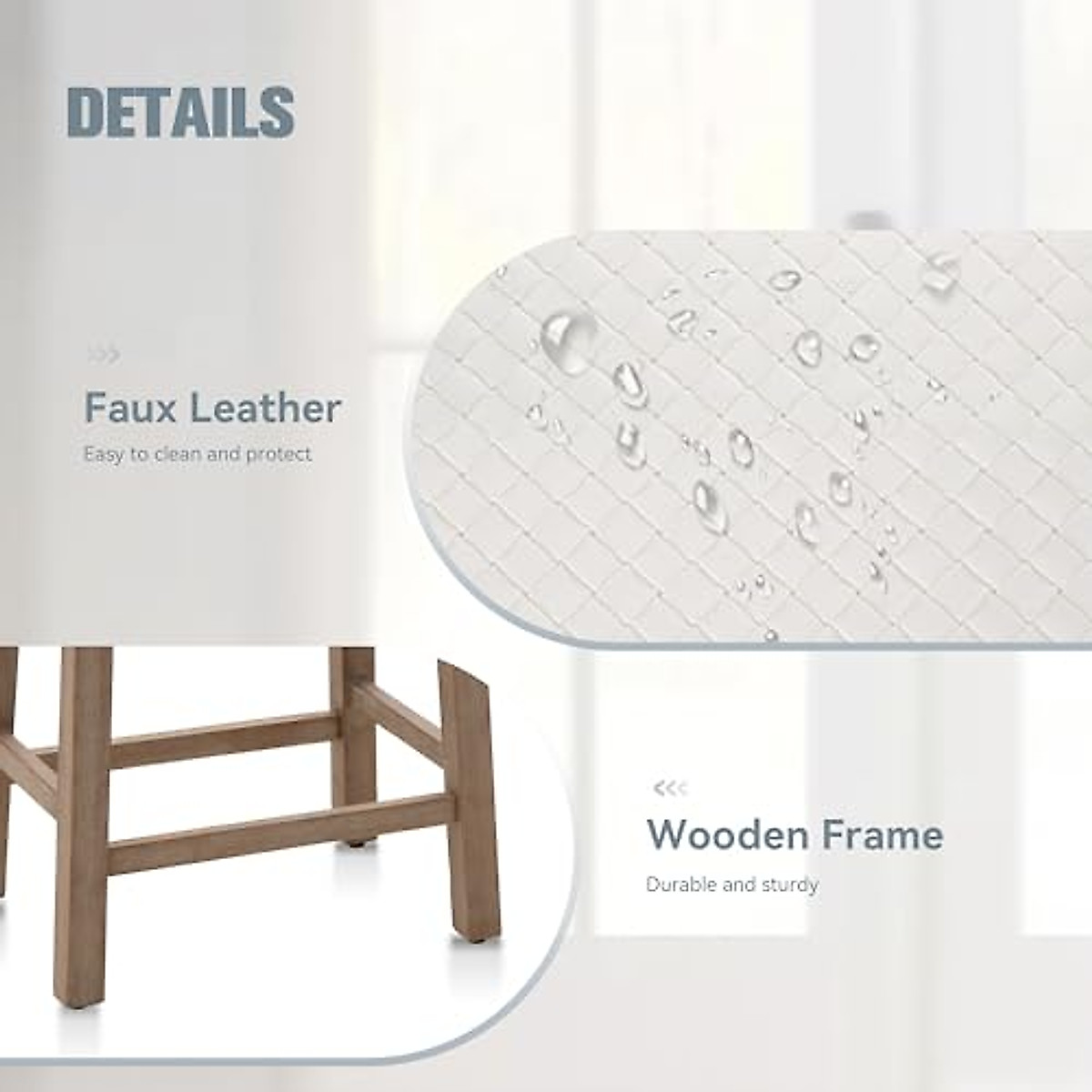 Erste!Bravo White Solid Wood Bar Stools Set of 2 for Kitchen Counter Counter Height Coastal Barstools with Faux Leather Farmhouse Upholstered Stools for 34"-38" Island, Creamy White Cushion, Wood Legs