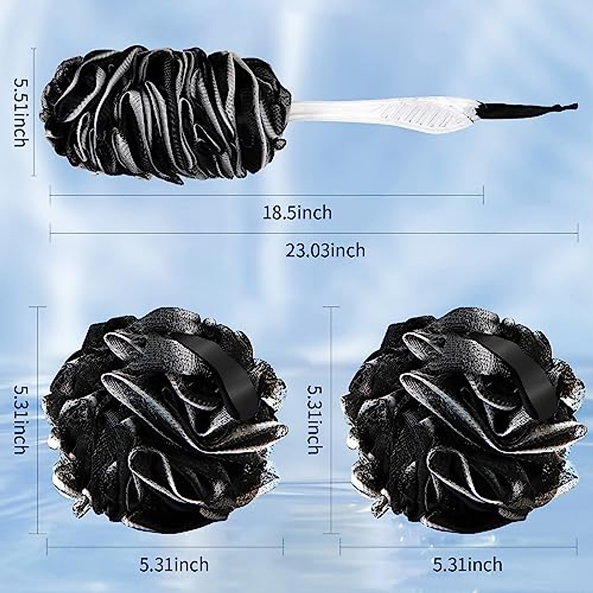 BCKENEY Bath Loofah Sponge Back Brush with Long Handle Extra Large 75g Soft Mesh Shower Poufs for Women & Men - Exfoliator Bathing Accessories (3Pcs 75G XL Charcoal Black)