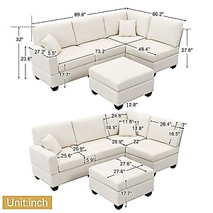 Merax Modern Sectional Sofa, 5-Seat Modular Couch Set with Convertible Ottoman, L-Shape Linen Fabric Corner Couch Set with 2 Pillows for Living Room/Apartment/Office, Beige