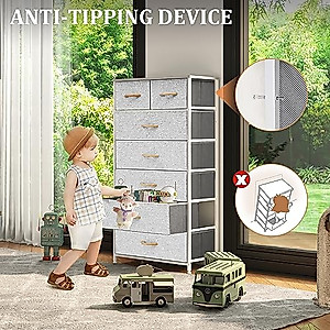 VredHom Tall Dressers for Bedroom, 7 Drawers Dresser Fabric Storage Closets Storage Units Organizer Tower Steel Frame Wooden Top for Bedroom, Hallway,Nursery, Entryway(Light Grey)