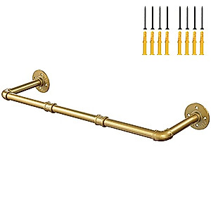 Ihomepark Industrial Gold Pipe Clothing Rack, Wall Ceiling Mounted Clothes Garment Rack 30'', Iron Golden Pipe Clothes Hanging Bar, Heavy Duty Metal Rod for Retail Display Closet Storage