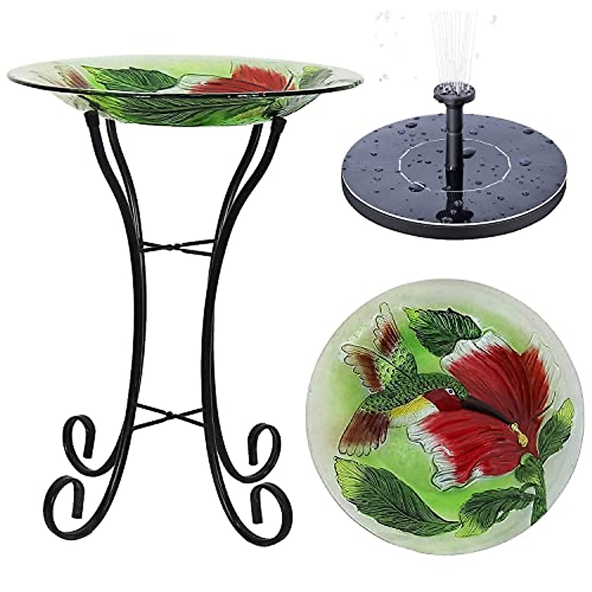 Grateful Gnome Hand-Painted Glass Bowl Bird Bath w/Solar Fountain - Red Ruby Flower Design
