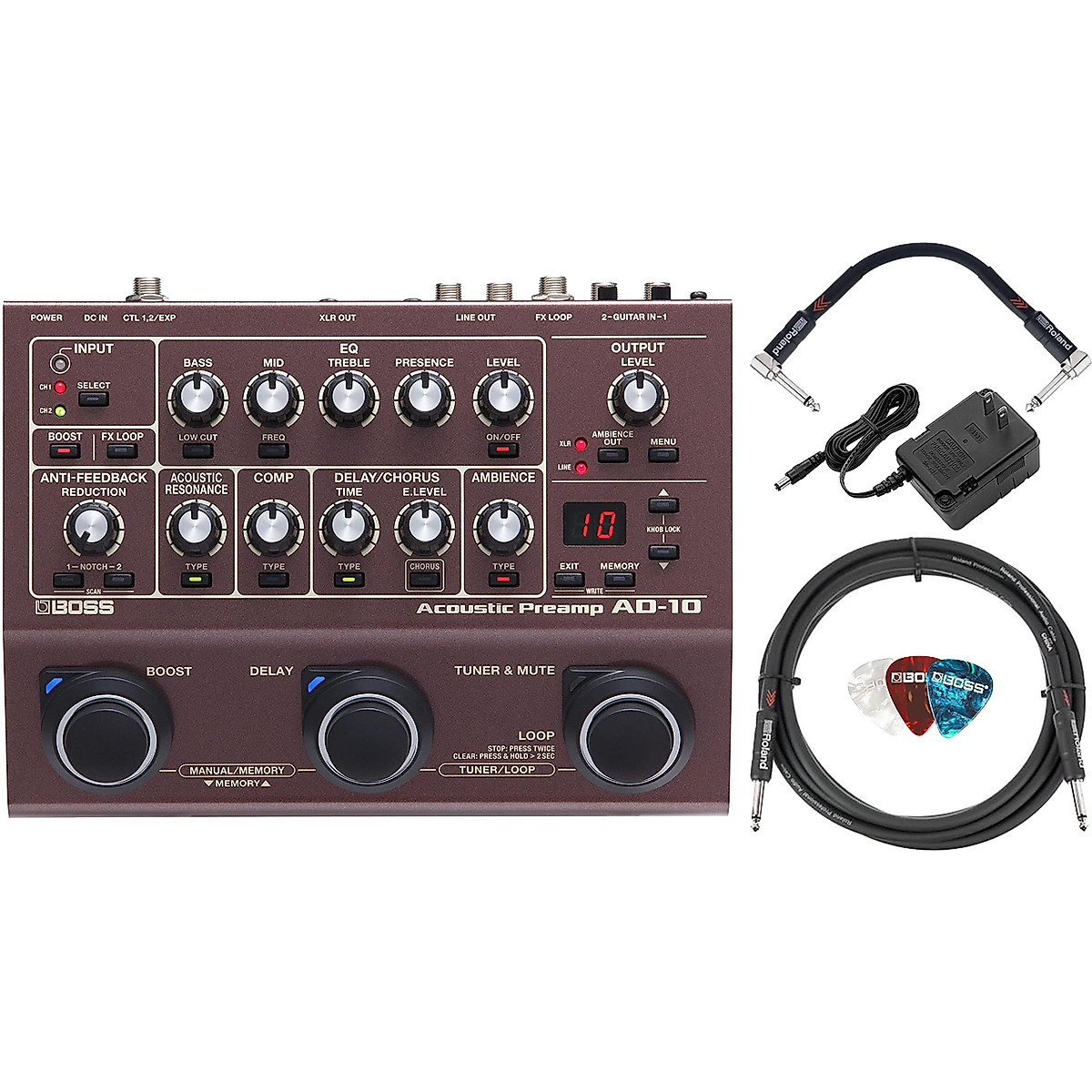 Boss AD-10 Acoustic Preamp Bundle with Roland Power Adapter, 10ft Instrument Cable, 6in Patch Cable, and Picks