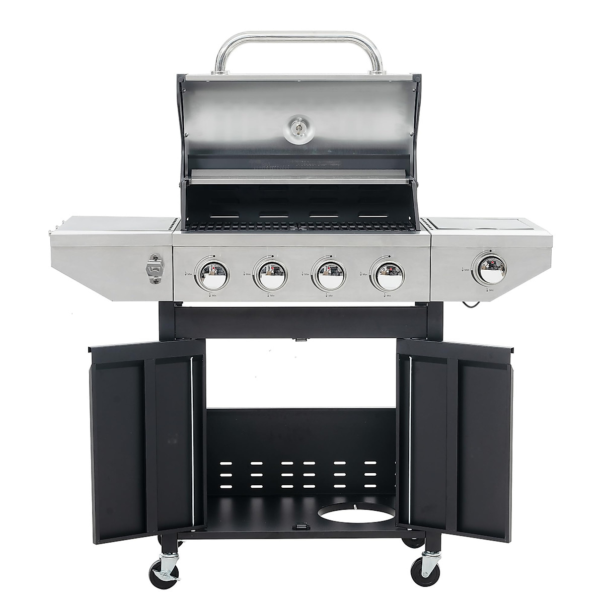 HESIEU Propane Grill 4 Burner Grill Stainless Steel Gas Grill with Side Burner and Thermometer One Touch Electronic Ignition System with Four Wheels for Outdoor BBQ, Camping