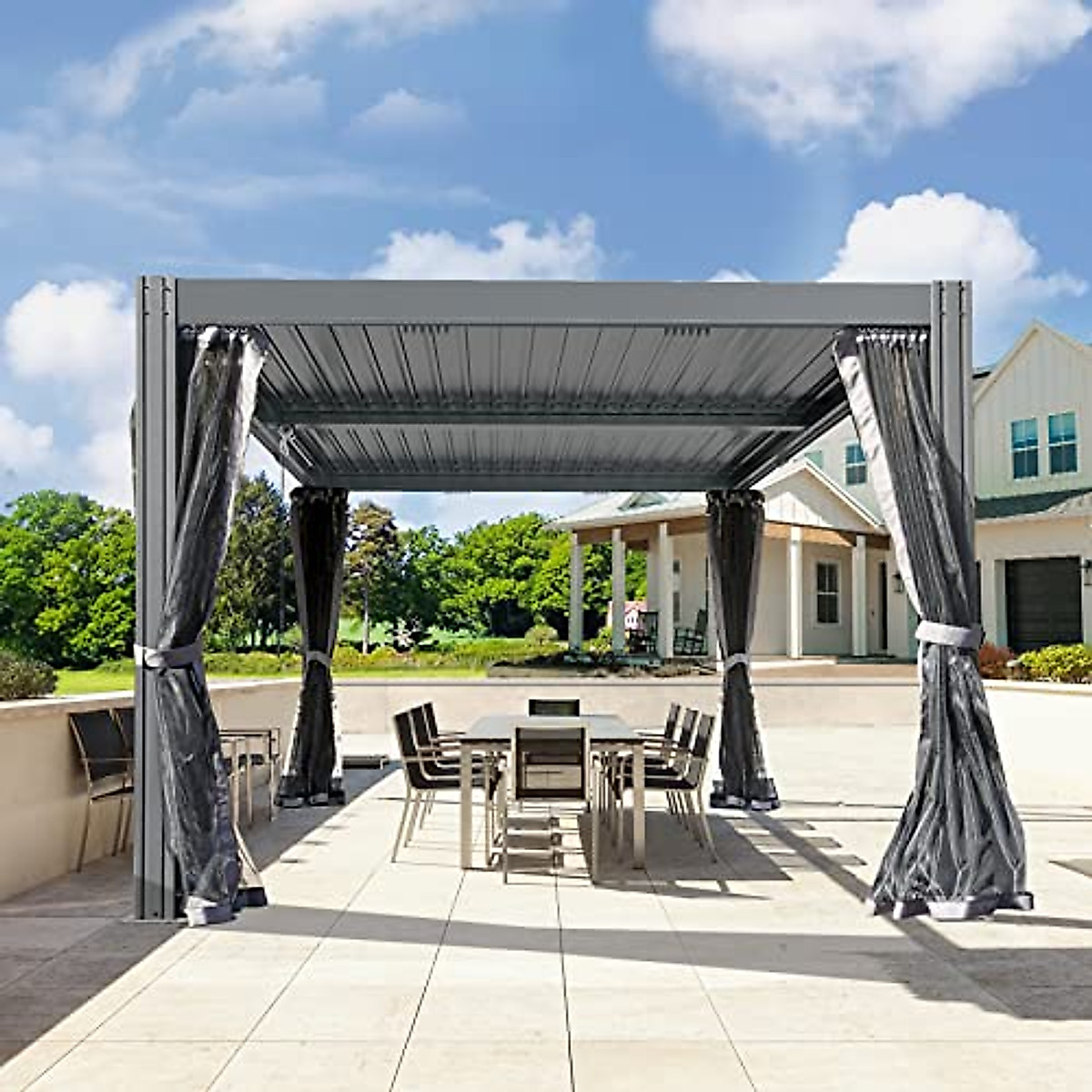 Domi Outdoor Living 12’ x 16’ Louvered Pergola with Adjustable Rainproof Roof, Outdoor Aluminum Frame Hardtop Gazebo for Backyard, Garden and Lawn w/Netting (Dark Gray)