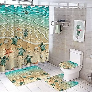 FUZHAO 4 Pcs Sea Turtle Beach Shower Curtain Sets,with Non-Slip Rug,Toilet Lid Cover & Bath Mat,Durable Waterproof for Bathroom Decor Set Including Hooks