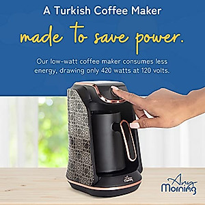 Any Morning Turkish Coffee Maker | Automatic Turkish/Greek Coffee Machine | 1-4-Cup Turkish Coffee Pot | Low-Watt Coffee Maker with Overflow Prevention, Sound Alarm, and Safety System