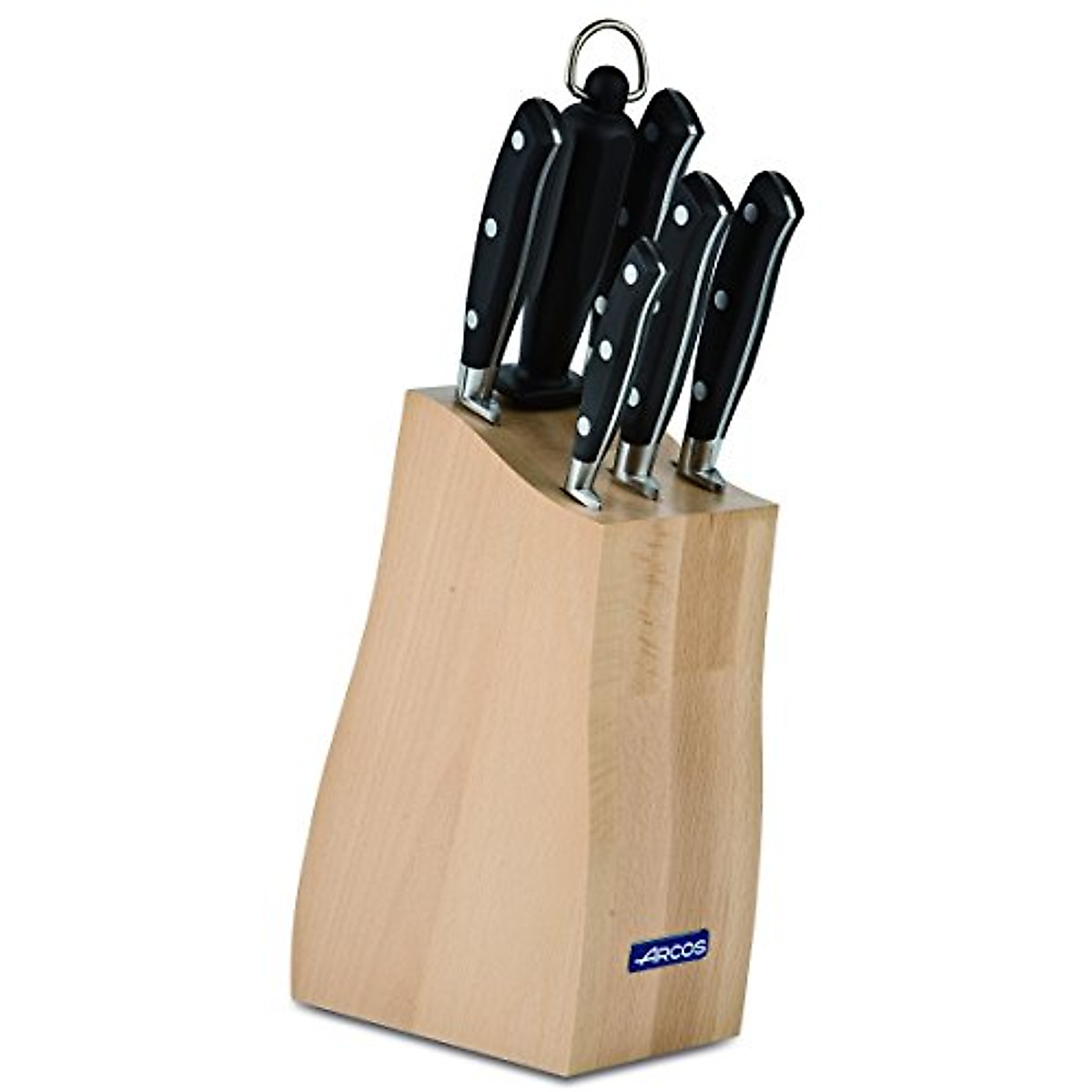 ARCOS Forged Block Knife Set 6 piece Nitrum Stainless Steel. 4055 gr. Multi-use Cooking Knife for Cutting Meat and Vegetables. Ergonomic Polyoxymethylene POM Handle. Series Riviera. Color Black.
