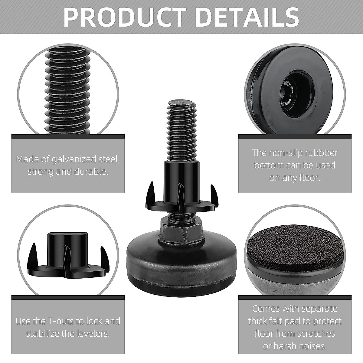 Heavy Duty Leg Levelers 3/8''-16 Thread, 12 Pcs Adjustable Leveling Feet Furniture Levelers Screw on with Threaded Inserts for Tables Chairs Cabinets Sofa, Support 3960LBs- Large Base, Black