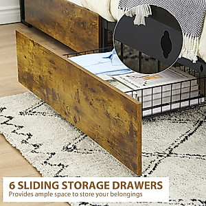 IDEALHOUSE Queen Bed Frame with Headboard, Metal Platform Bed Frame with 6 Storage Drawers, Queen Size Bed Frame with Charging Station & LED, Noise-Free, Wood Slats Support, No Box Spring Needed, Vint