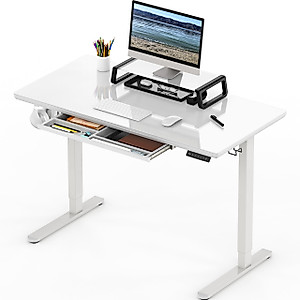 SHW 48-Inch Whole-Piece Glass Electric Height Adjustable Desk with Monitor Riser and Drawer, White