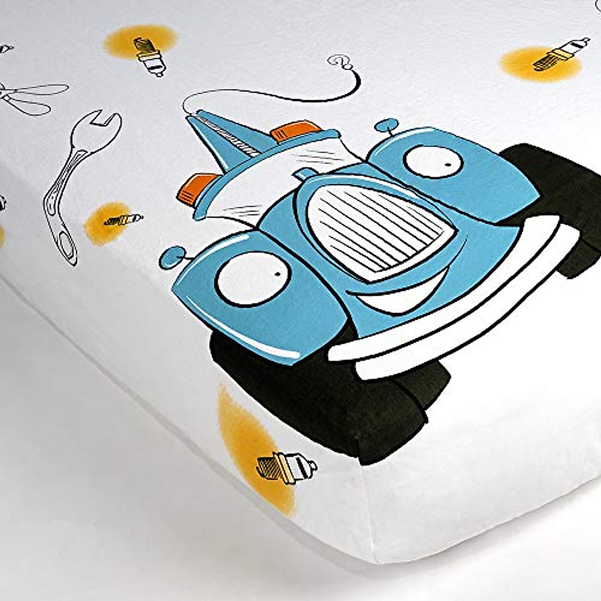 JumpOff Jo - Fitted Crib Sheet, Super Soft 100% Cotton Sheet for Standard Crib Mattresses and Toddler Beds, 28 in. x 52 in, Storytelling Designs - Jo's Garage (White)