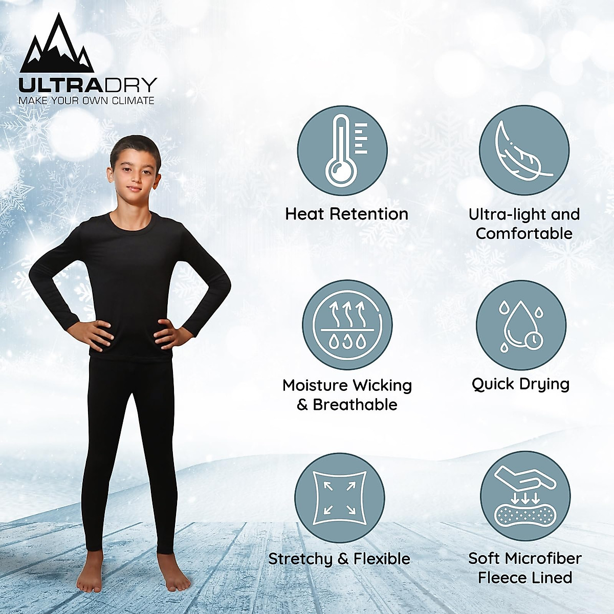 Outland Children's Thermal Set Lightweight Ultra Soft Fleece Interior Very Warm, Black 2-4