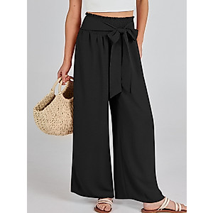Caracilia Womens Summer Fall High Waisted Flowy Work Casual Boho Palazzo Pants Wide Leg Long Lounge Pant Trousers with Pocket Business Office Elastic Waist A1206heise-XL Black,X-Large