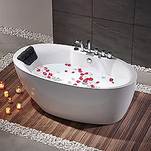 Empava 59 in. Acrylic Freestanding Tub Hydromassage Gracefully Oval Shaped Whirlpool 7 Water Jets Soaking SPA, Double-Ended Massage Bathtub with Black Pillow , White