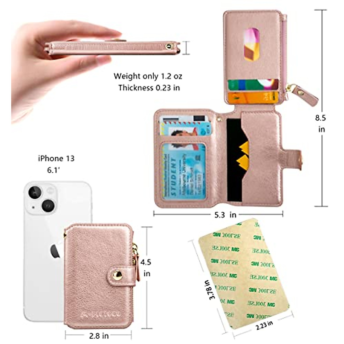 M-Plateau Phone Wallet, PU Leather Card Holder with Zipper Coin Pocket Compatible with iPhone 14 and iPhone Case for Women 3M Adhesive Phone Card Holder with Magnetic Closure(Pink)