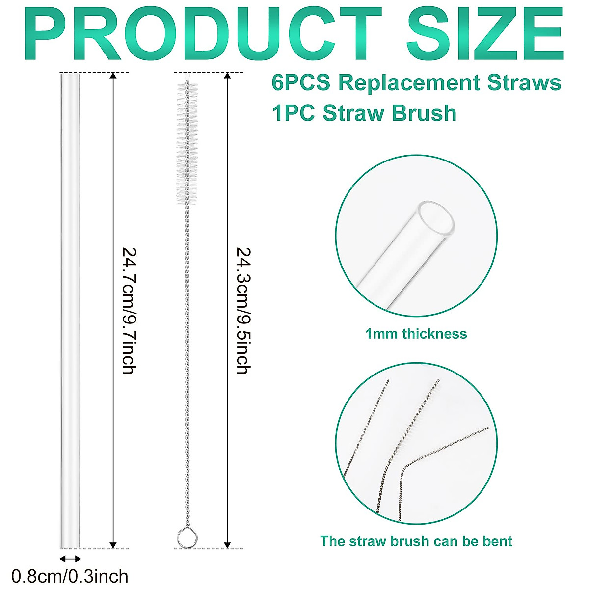 6PCS Replacement Straws Compatible with Hydro Flask, 24.7cm/9.7inch Clear Reusable Straws for Hydro Flask Wide Mouth Straw Lid 40 oz Water Bottle with A Cleaning Brush, BPA Free
