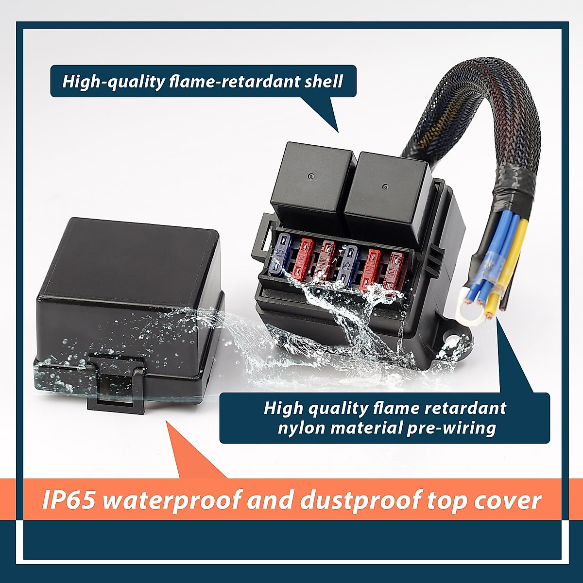 Pre-Wired Fuse Relay Box with 2 Relay Slots and 6 ATC/ATO Fuse Holder, 2 4Pin 80A Relays and 6 ATC ATO Fuses, Universal Waterproof Relay Fuse Block for Automotive Car Truck Boat Marine RV