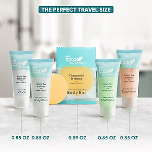 Eco Botanics Hotel Soaps & Toiletries Bulk Set | 1-Shoppe Amenities Kit | 0.85oz Shampoo & Conditioner, Body Wash, Lotion, 0.89oz Bar Soap | Travel Size | 150 Pieces