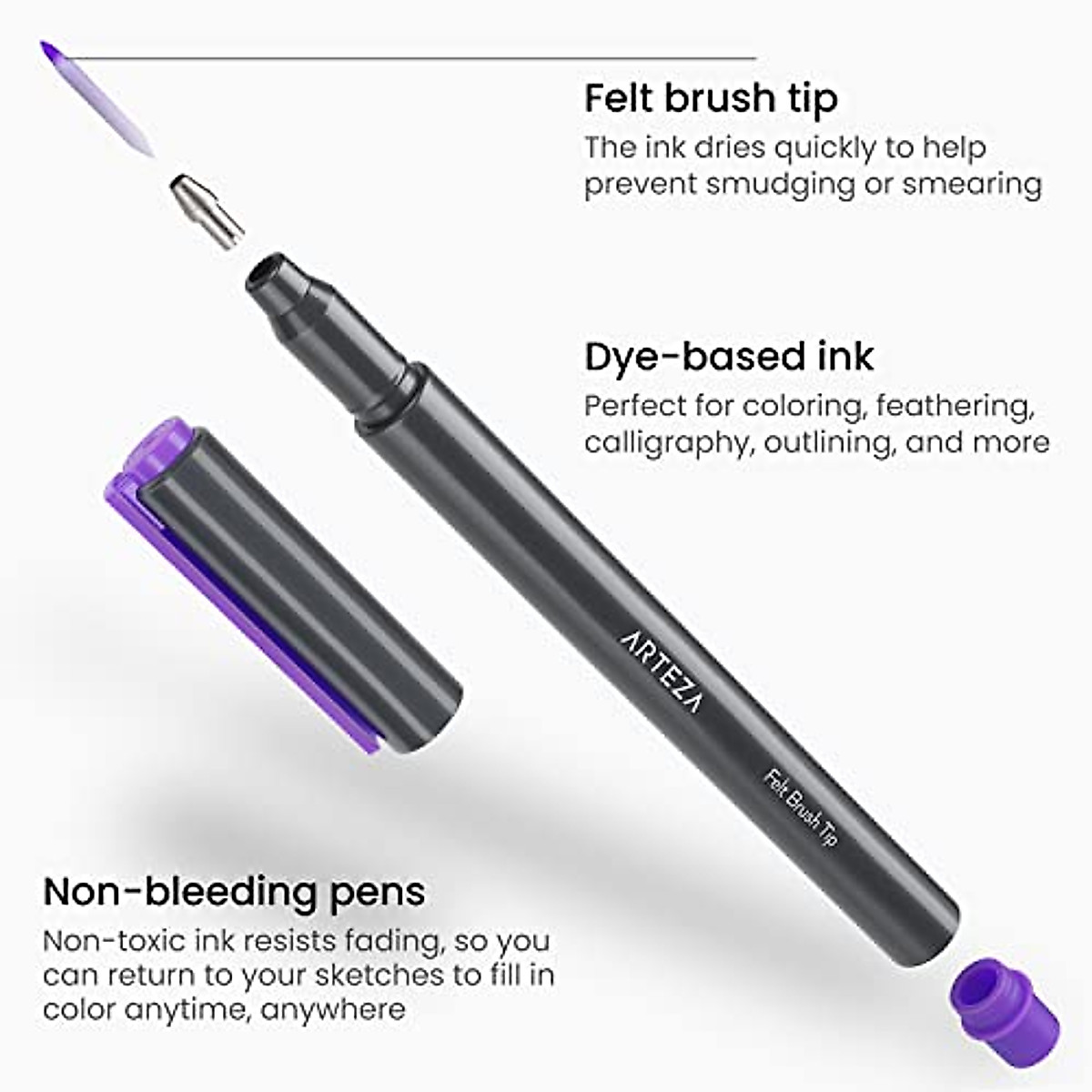 ARTEZA Felt Tip Pens, Set of 12 Bright Brush Tip Calligraphy Pens for Note Taking, Sketching, Cross-Hatching, and Outlining, Dye-Based Ink, Smear-Free