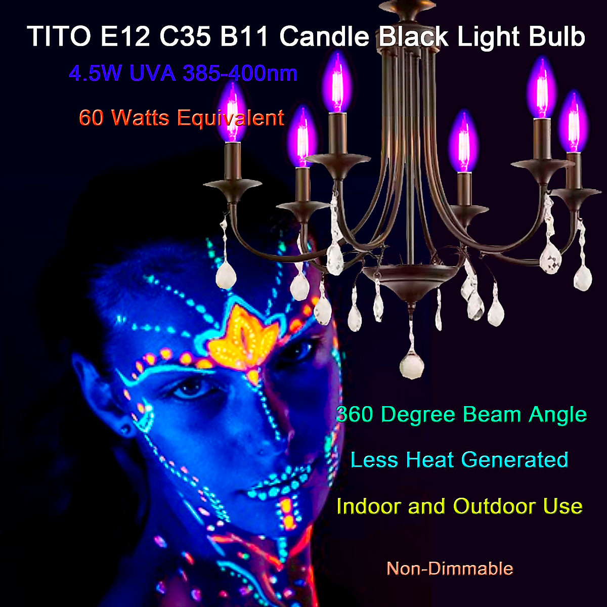 TITO 6 Pack E12 B11 Filament LED Candle Black Light Bulbs, UVA 395nm 4.5W Candelabra Black Light Bulb, 60W Blacklight Bulb Equivalent, Glow in Dark Halloween Christmas Party Fluorescent Posters Decor