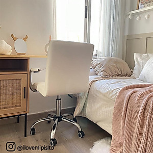 Yaheetech White Desk Chairs with Wheels/Armrests Modern PU Leather Office Chair Midback Adjustable Home Computer Executive Chair on Wheels 360° Swivel