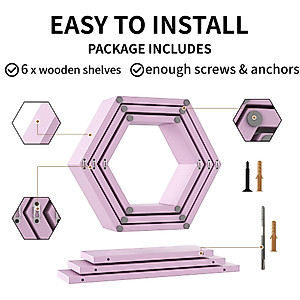 LUDORU Wooden Hexagon Floating Shelves Wall Mounted,Set of 6 Pine Hexagon Shelves Display for Photos,Plants,Rustic Honeycomb Shelves for Living Room,Bedroom,Bathroom, Kitchen, Office Decor, Pink