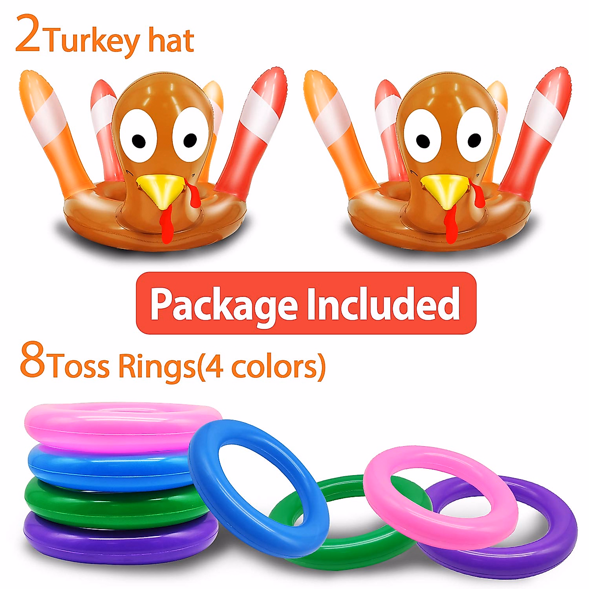 2 Pack Thanksgiving Ring Toss Games Toys for Kids Thanksgiving Inflatable Turkey Hats Toss Games Thanksgiving Family School Party Favors Decor Indoor Outdoor Party Game(2 Turkey Hats, 8 Rings)