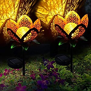 Pannow Large Metal Glass Solar Flowers Yard Art, Garden Solar Lights Outdoor,Solar Powered Stake Lights,Decorative Garden Lights for Walkway,Pathway,Yard,Lawn,2Pack