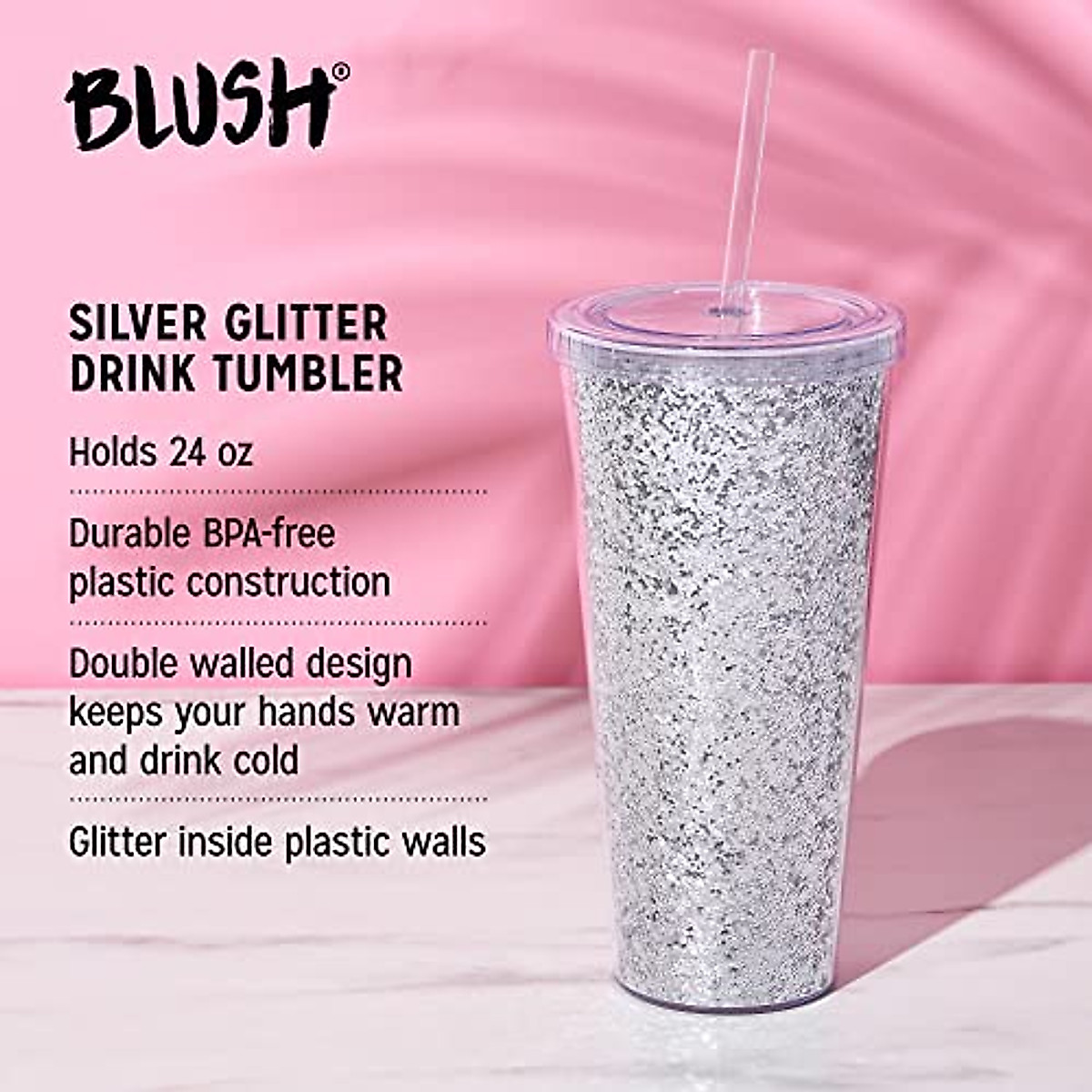 Blush Silver Glam Double Walled Glitter 24oz Tumbler | Reusable, Leak-Proof, Travel, Clear Plastic, Slim, Iced Coffee Cup with Silicone Seal, Screw-On-Lid, and Straw, 1 Count (Pack of 1)