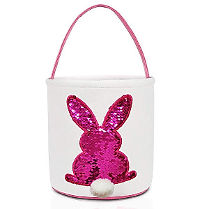Poptrend Easter Basket Bags,Easter Eggs/Gift Baskets for Kids,Bunny Tote Bag Bucket for Easter Eggs,Toys, Candy,Gifts (Pink paillette)