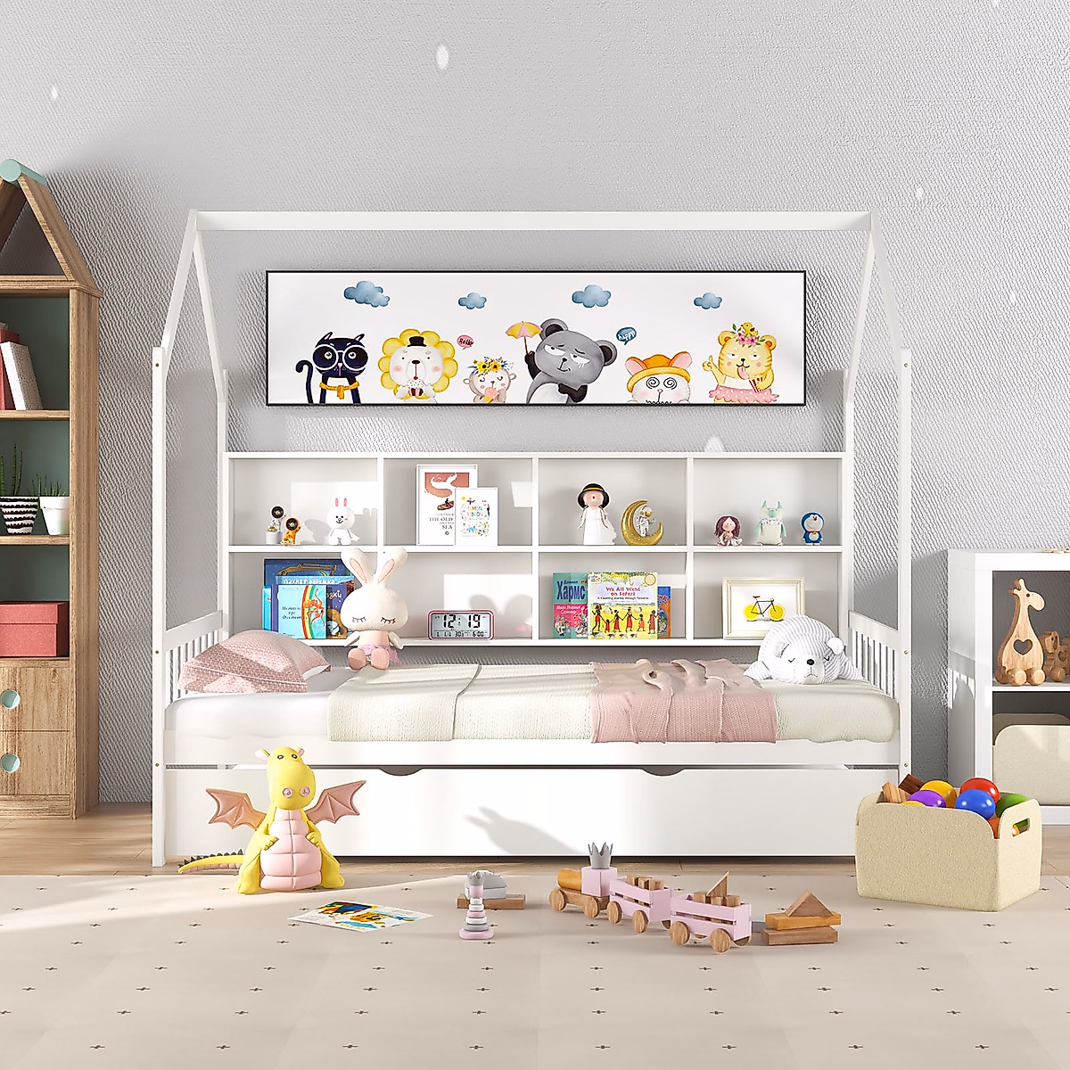 Giantex Twin House Bed with Trundle, Solid Wood Bed Frame with Roof & 8 Cube Bookcase, Wooden Slatted Support Bed Frame for Girls, Boys, No Box Spring Needed, White