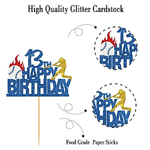 Baseball Themed 13th Birthday Cake Topper, Sport Baseball 13th Birthday Cake Decorations, Teenager Happy Birthday Party Supplies, Glittery Blue