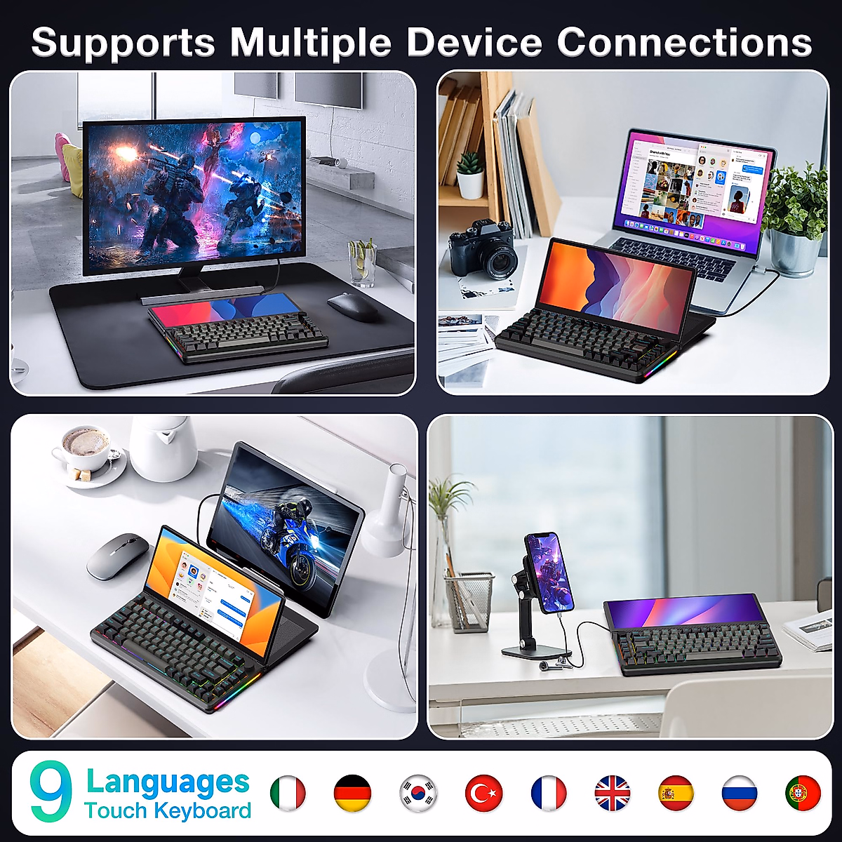 Kwumsy K3 Touchscreen Gaming Mechanical Keyboard - 82 Keys Portable USB Wired RGB LED Backlit N-Key Compact Keyboard, Keyboard With 13" Foldable 0-90 Degree Portable Screen, Plug and Play for Wins Mac