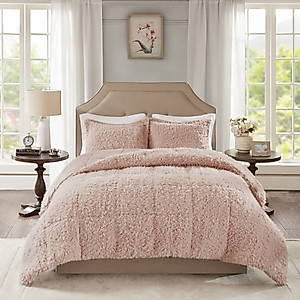 Madison Park Nova Luxury Soft Mohair Reverse Faux Mink Comforter Set, Full/Queen 90"x90", Blush Pink