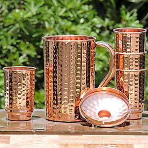 HealthGoodsIn - Pure Copper Hammered Pitcher with 4 Copper Tumblers | Hammered Copper Pitcher and Tumblers for Ayurveda Health Benefits