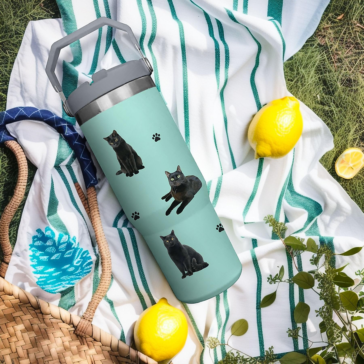 Cat Tumbler for Cat Owners, 30oz Stainless Steel Vacuum Insulated Water Bottle (Cat-Seaform)