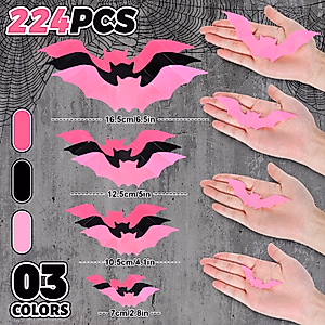 Whaline 224Pcs Halloween Wall Decoration 3D Bats with Foam Adhesive Black Pink Rose Red Waterproof Spooky Bats Stickers Hocus Pocus Party Supplies for Halloween Home Wall Window Door Decor, 4 Sizes