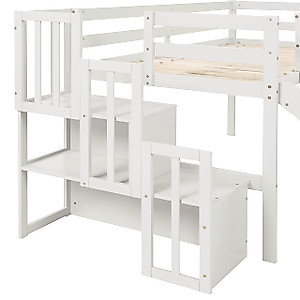 HomSof Twin Loft Bed with Slide Staircase Storage,Full-Length Safety Guardrails for Junior Boys Girls,No Box Spring Needed,White