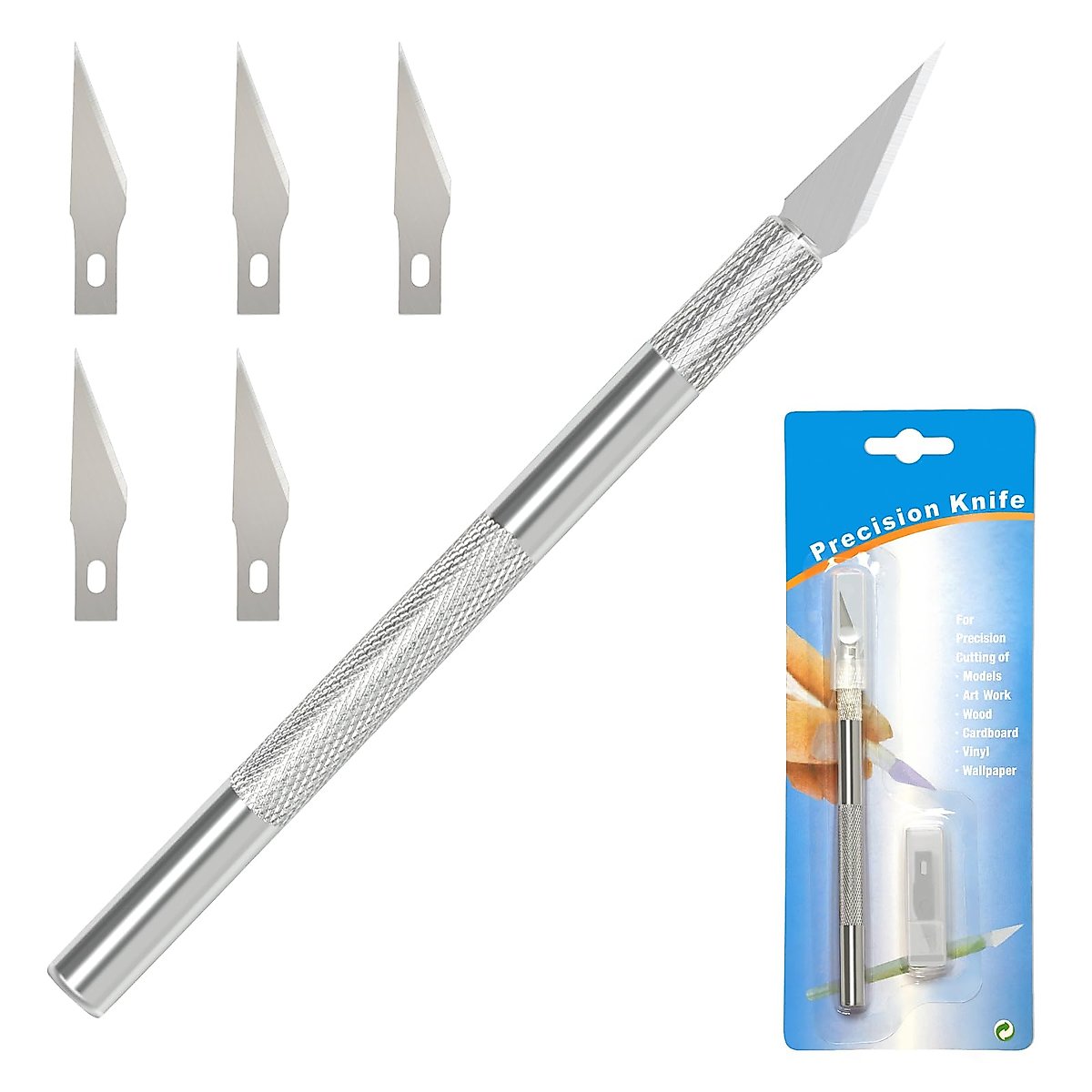 Precision Craft Knife Set - Sharp Razor Blades & Exacto Knife for Carving, Modeling, Scrapbooking, and Sculpting - Perfect for Woodworking, Stenciling, DIY Projects & Precision Cutting (Silver)