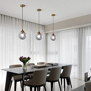 KCO Lighting Modern 1-Light Globe Pendant Light Mid Century Large Single Smoke Glass Hanging Light Brushed Brass Adjustable Pendant Light Fixture for Living Room Kitchen Island (Smoke Gray)