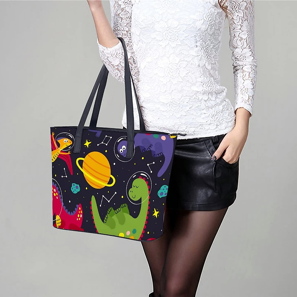 Cute Dinosaur in Space Women's Tote Bag PU Leather Shoulder Bag Handbags Purse For Work Shopping Travel
