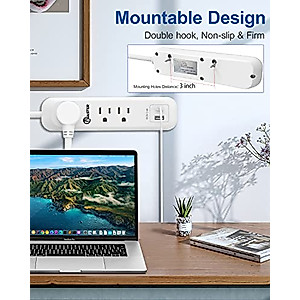 USB Power Strip Surge Protector Long Extension Cord 6 feet, 3 Outlets, 2 USB Ports (2.4A/12W), Overload Protection, Mountable Power Strip for Home Office, 1250W/10A, SGS Listed, White