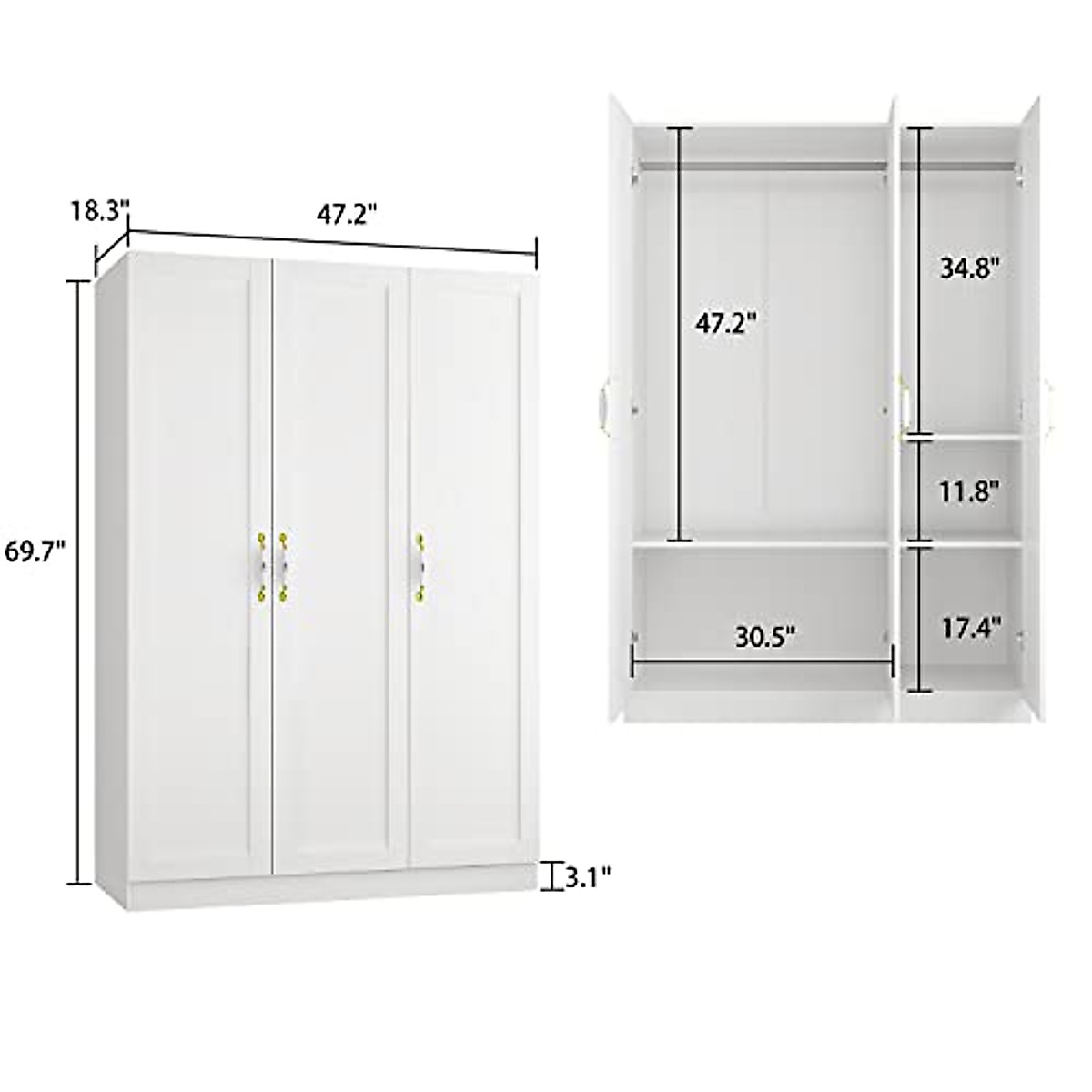 Homsee Large Wardrobe Armoire Wooden Closet with 3 Doors, 5 Storage Compartments, 2 Hanging Rods & Decorative Handles for Bedroom, White (47.2”L x 18.3”W x 69.7”H)