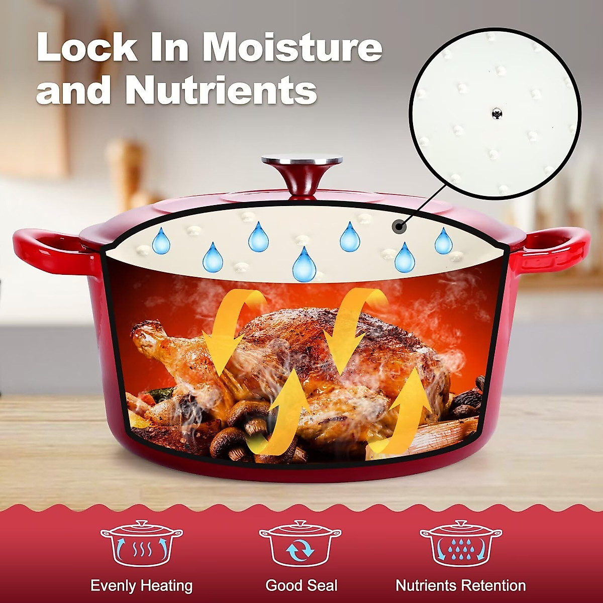 6 Quart Enameled Dutch Oven with Lid, P&P CHEF 6 Qt Cast Iron Dutch Oven Pot, Enamel Round Dutch Oven Cooking Stock Pot for Braising, Stewing, Roasting, Baking, Various Stoves & Oven Safe (Red)