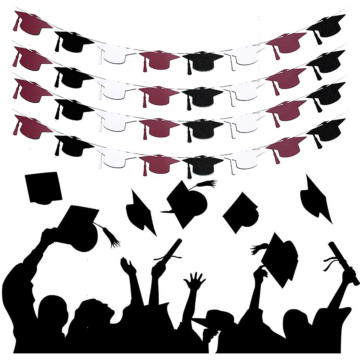 Maroon Graduation Party Decorations/Maroon Grad 2023 4pcs Graduation Hat Banner Garlands Glitter Burgundy White Black for 2023 Graduation Party Supplies
