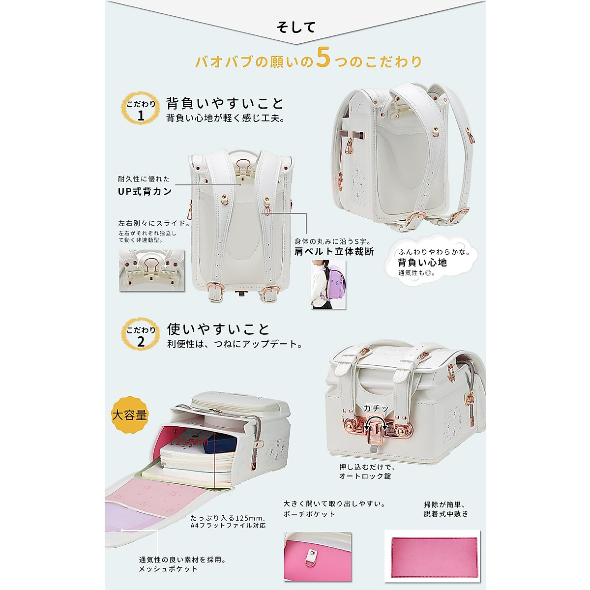 Baobab's wish Ransel Randoseru Backpack Semi-automatic satchel Japanese Elementary school bag for girls boys PU bab-rdjn01 (New White)